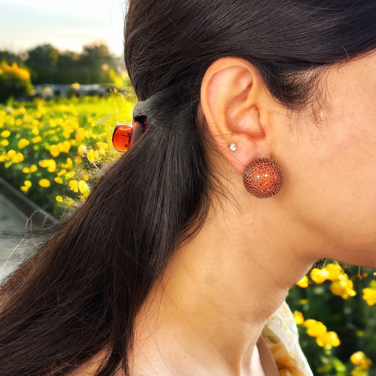 Orange Zircon and Pearl push button studs – Juwelen